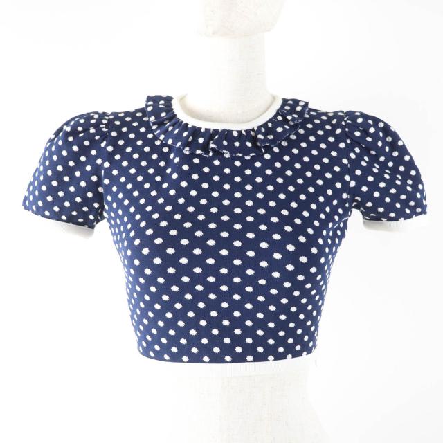 美品☆MIUMIU ミュウミュウ 2020年製 MJN277 1DVC ドット柄 クロップド丈 半袖 ニット ネイビー ホワイト XS 伊製 正規品 レディース
