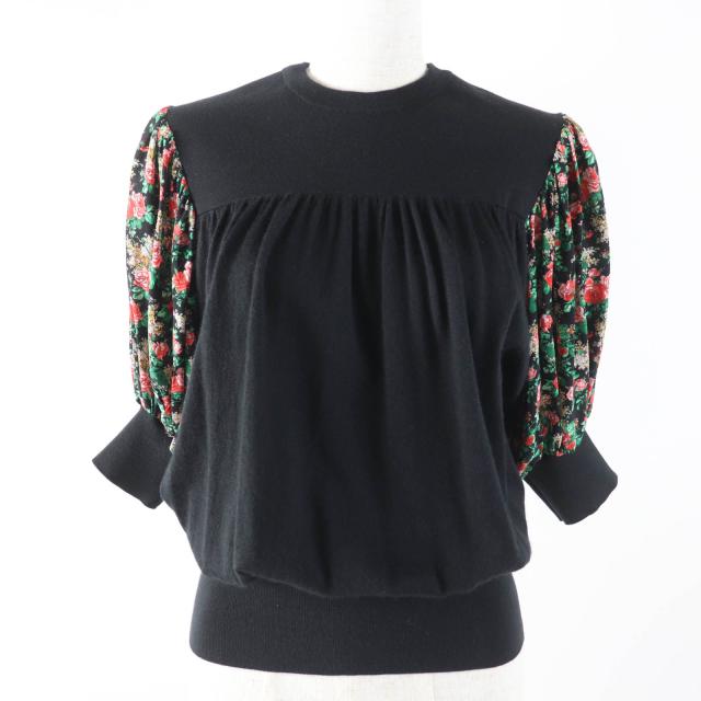 美品☆LOUIS VUITTON ルイヴィトン 19AW カシミヤ シルク混 フローラルプリント パフスリーブ 半袖ニット ブラックXS 正規品 レディース