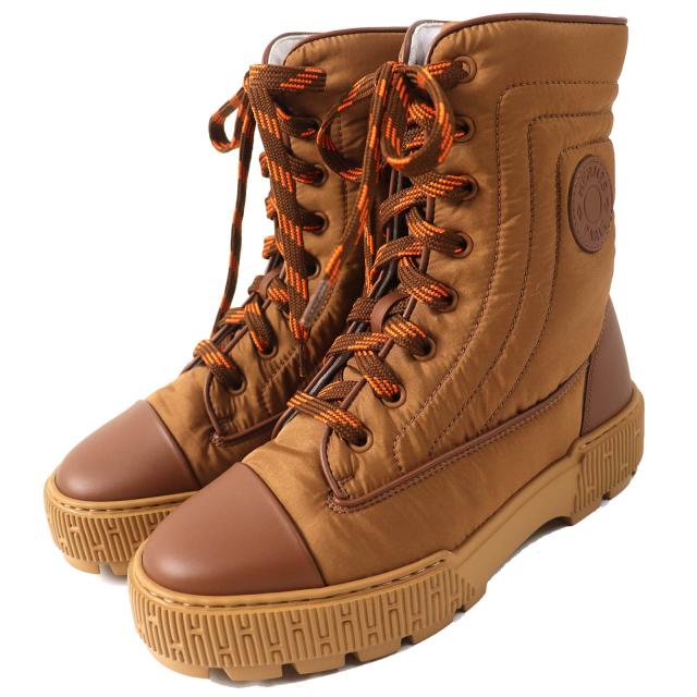 美品△HERMES エルメス フレッシュ パラシュート ファブリック ロゴパッチ レザー使い レースアップ ショートブーツ ブラウン 36 伊製