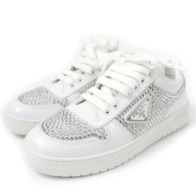 極美品☆PRADA プラダ 1E348N トライアングルロゴ クリスタル付 レザー スニーカー ホワイト 35.5 箱・保存袋付き イタリア製 レディース