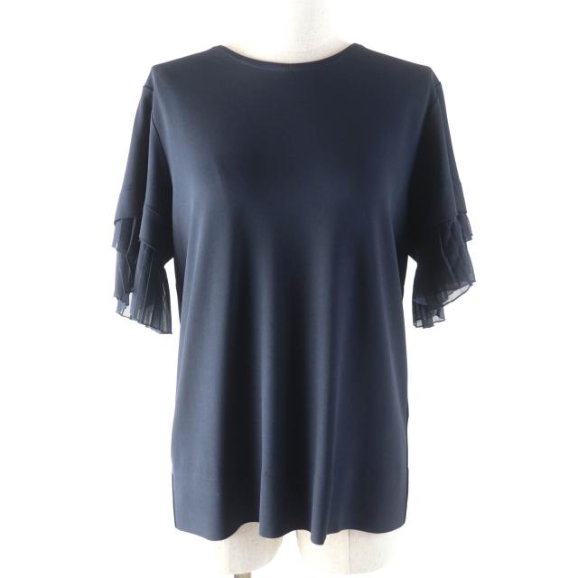 美品★Salvatore Ferragamo サルヴァトーレフェラガモ 袖シルクプリーツ切替 半袖 トップス ネイビー S イタリア製 正規品 レディース