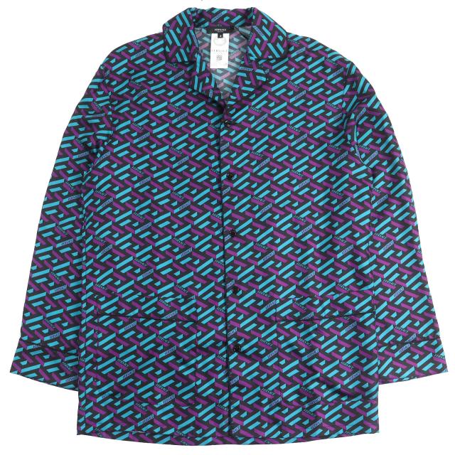 未使用品△VERSACE ヴェルサーチ 2022年製 1005376 1A02923 ラ・グレカ シルクパジャマトップ オーバーサイズ 長袖シャツ 3 伊製 正規品