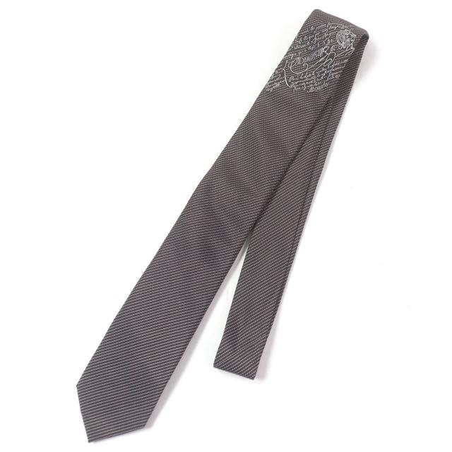極美品□BERLUTI ベルルッティ シルク100％ カリグラフィ ストライプ 総柄 ナロータイ ネクタイ ブラウン イタリア製 メンズ ビジネス◎