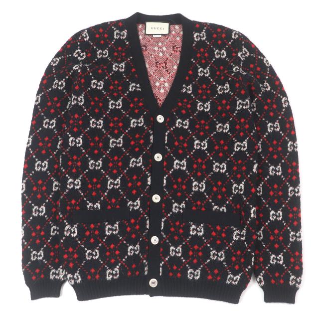 極美品□GUCCI グッチ 543497 アルパカ混 GGダイヤモンド アーガイル ニットカーディガン セーター ブラック S イタリア製 正規品 メンズ