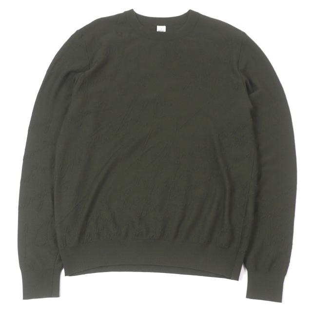 極美品□BERLUTI ベルルッティ ウール100％ カリグラフィ 総柄 ロングスリーブ ニット セーター カーキ M イタリア製 正規品 メンズ