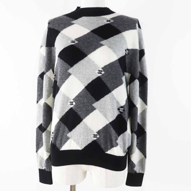 極美品◎CHANEL シャネル P71459 カシミヤ100％ ココマークプレート付き ココマーク・ダイヤ柄 長袖ニット ブラック グレー系 34 正規品
