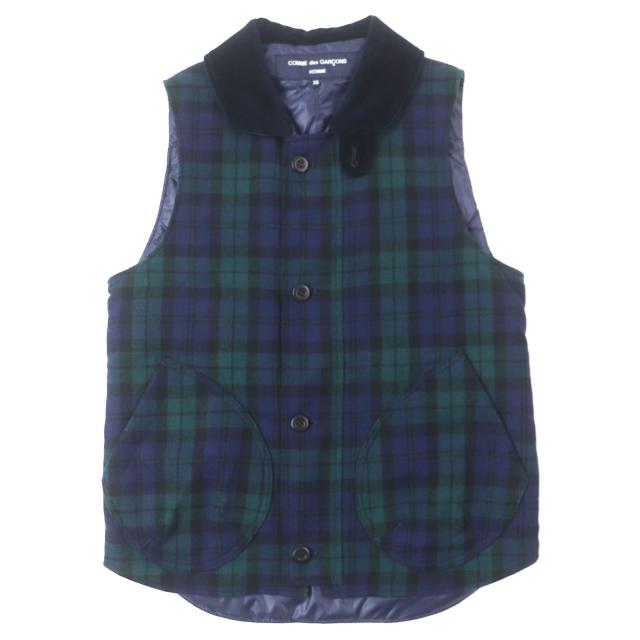 美品▼COMME des GARCONS HOMME コムデギャルソンオム チェック柄 襟コーデュロイ 中綿入り ベスト グリーン ネイビー XS 正規品 メンズ