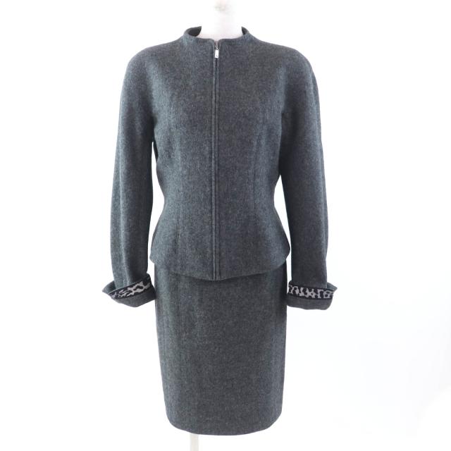 極美品★LEONARD FASHION レオナール ファッション ウール アンゴラ混 ノーカラージャケット＋スカート 2点set セットアップ 11/64-91