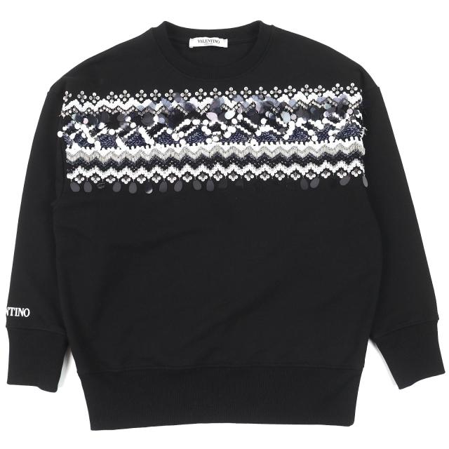 極美品△VALENTINO ヴァレンティノ コットン100％ ロゴ刺繍 ビーズ装飾 クルーネック 長袖 トレーナー スウェット ブラック XS 正規品