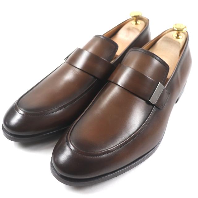 未使用品▼BERLUTI ベルルッティ リフレット パティーヌ Uチップ ロゴ刻印金具 レザー ローファー ブラウン 9.5 箱・保存袋付き メンズ
