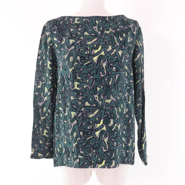 極美品★LOUIS VUITTON ルイヴィトン グラフティ ロゴ総柄 長袖 ブラウス トップス グリーン 36 フランス製 正規品 レディース