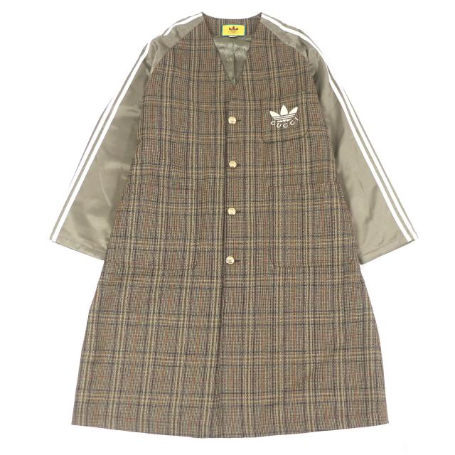 未使用品□GUCCI×adidas グッチ×アディダス 710398 スリーストライプス トレフォイル チェック柄 ノーカラーコート 48 イタリア製 正規品