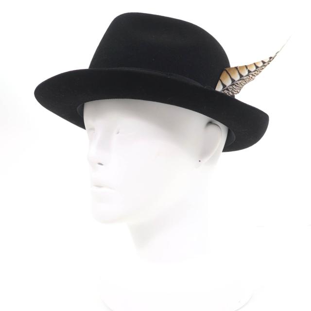 極美品☆ラルフローレンパープルレーベル FEDORA WITH SIBGLE FEATHER PHILIP TREACY ウール100％ ハット ブラック F イギリス製 正規品