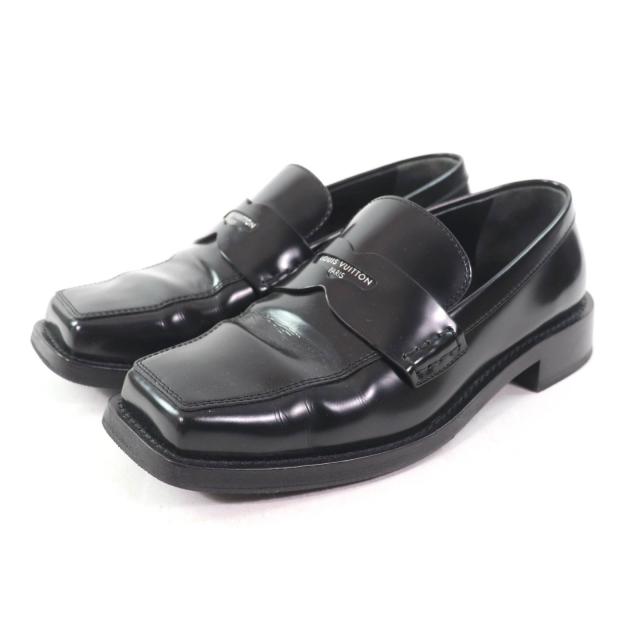 良品★LOUIS VUITTON ルイヴィトン コネリー・ライン ロゴ入り スクエアトゥ レザー ローファー ブラック 35.5 箱・保存袋付き