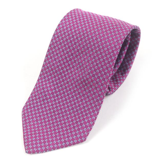 美品□HERMES エルメス 659165T シルク100％ Hロゴ総柄 ネクタイ レギュラータイ パープル 箱付き フランス製 メンズ ビジネスオススメ◎