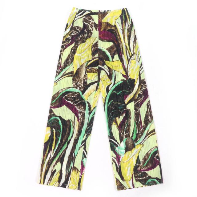 極美品☆PLEATS PLEASE プリーツプリーズ イッセイミヤケ 24SS PP41JF694 総柄デザイン ワイドパンツ グリーン系 3 日本製 正規品