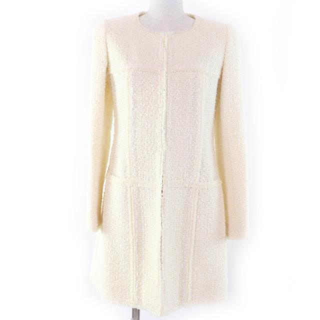 未使用品☆Rene ルネ ウール TISSUE社製生地使用 ノーカラー ツイード コート アイボリー 36 日本製 正規品 レディース