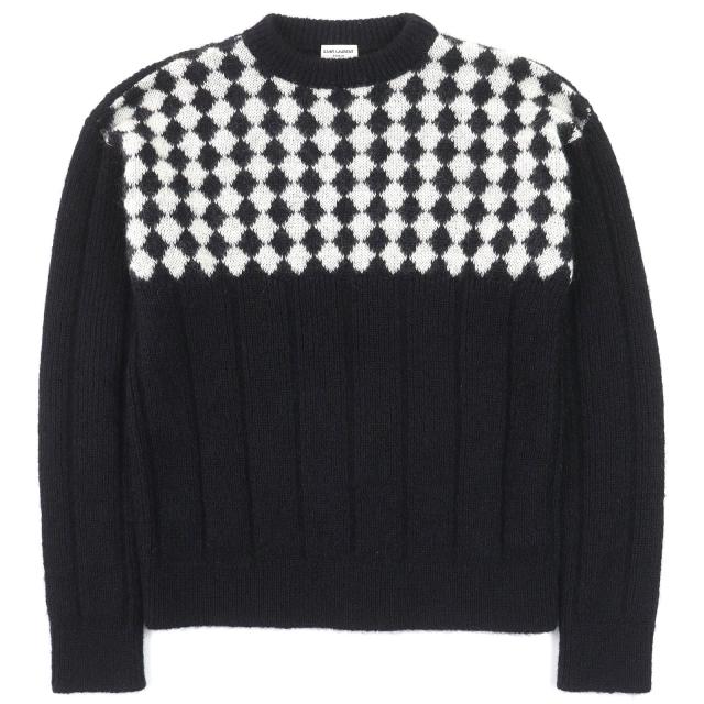 美品△SAINT LAURENT PARIS サンローランパリ 21AW 665879 ウール モヘア 一部総柄デザイン クルーネック 長袖ニット セーター XS 正規品