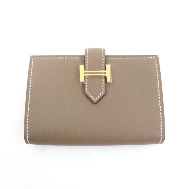 未使用品★エルメス ベアン ミニ エトゥープ ヴォーエプソン ゴールド金具 ミニウォレット ケース付 カードケース W刻印 箱付 仏製