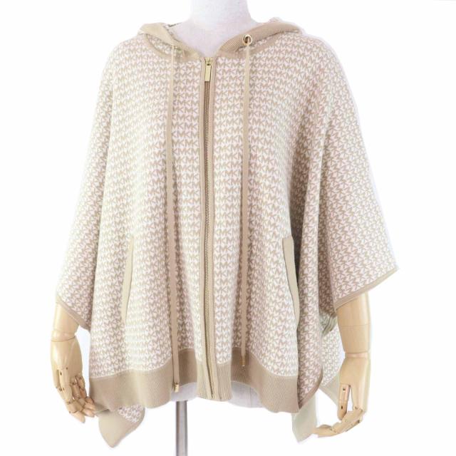 極美品◎Michael Kors マイケルコース JF160924 GM MKシグネチャー フード付き ZIPUP ニットポンチョ ベージュ ホワイト S／M 正規品