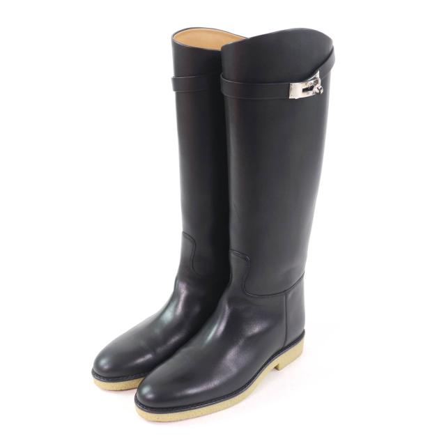 極美品★HERMES エルメス フォースティン シルバー金具 ケリーバックル レザー ジョッキーブーツ ブラック 37 箱・保存袋付 レディース