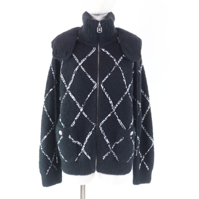 極美品★CHANEL シャネル P74369 カシミヤ シルク混 ラインストーンココマークボタン付 マトラッセ柄 ZIP UP ジャケット 黒 白 38 袋付