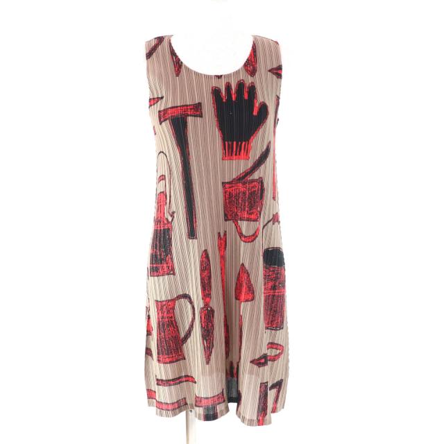 極美品★PLEATS PLEASE プリーツプリーズ イッセイミヤケ PP43-FT323 総柄 ノースリーブ プリーツ ワンピース ブラウン レッド 3 正規品