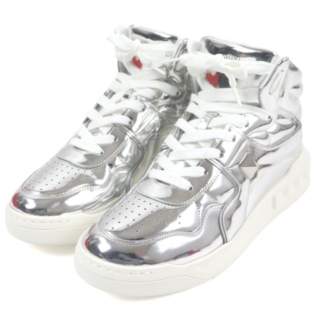 未使用品□VALENTINO ヴァレンティノ ワンスタッズ ハイカットスニーカー シルバー ホワイト 44 箱・保存袋付き イタリア製 メンズ