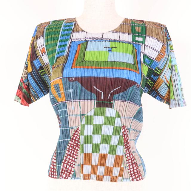 極美品☆PLEATS PLEASE プリーツプリーズ イッセイミヤケ PP14-JK142 総柄プリント 半袖 カットソー マルチ 3 日本製 正規品 レディース