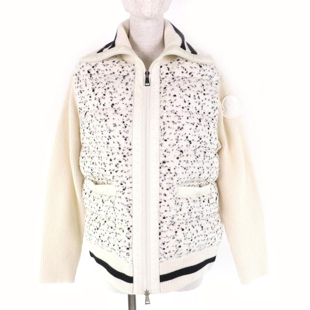未使用品△MONCLER モンクレール 2023年製 CARDIGAN TRICOT ウール ロゴワッペン ツイード切替 ニット ダウンジャケット 白 黒 XS 正規品