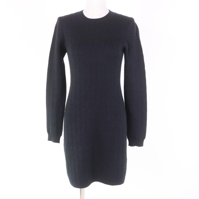 美品★HERMES エルメス 22SS 2E2505D3 カシミヤ シルク混 シェーヌダンクル クルーネック 長袖 ニット ワンピース ブラック 36 正規品
