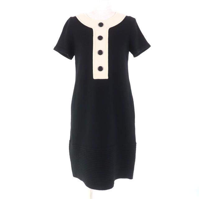 極美品★FOXEY フォクシー 34932 カシミヤ シルク混 半袖 ニットワンピース ミニドレス ブラック アイボリー 40 ハンガー付 正規品
