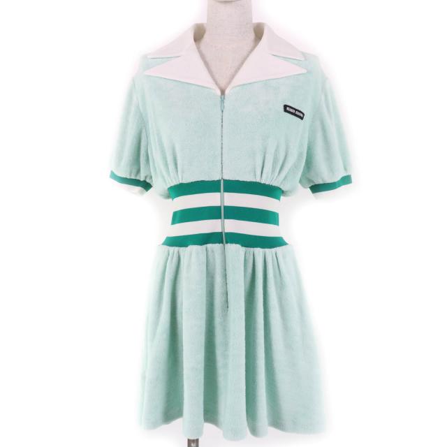 美品☆MIUMIU ミュウミュウ 2021年製 MF4169 ロゴ刺繍入り パイル地 半袖 ワンピース グリーン 40 イタリア製 正規品 レディース