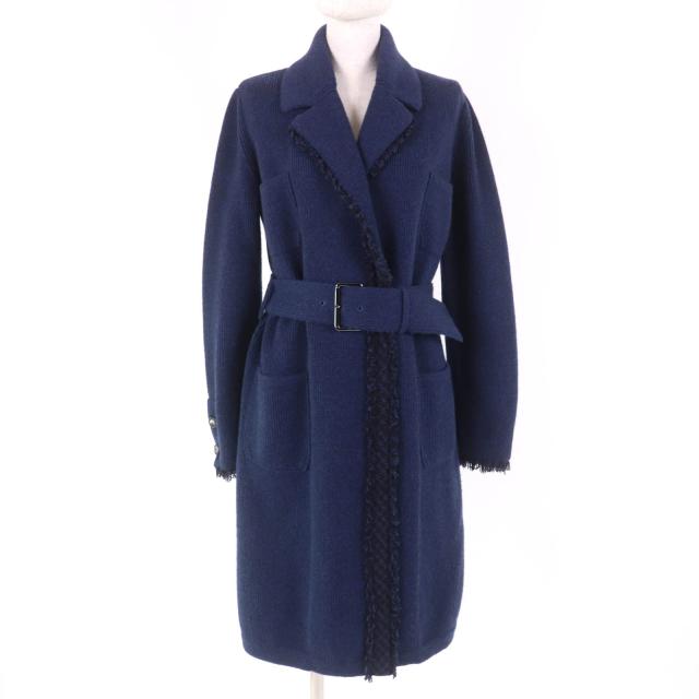極美品☆CHANEL シャネル 17B P57290K07490 GABRIELLE COCO カシミヤ100％ ココマークボタン ベルト付 ニットコート ネイビー 38 正規品