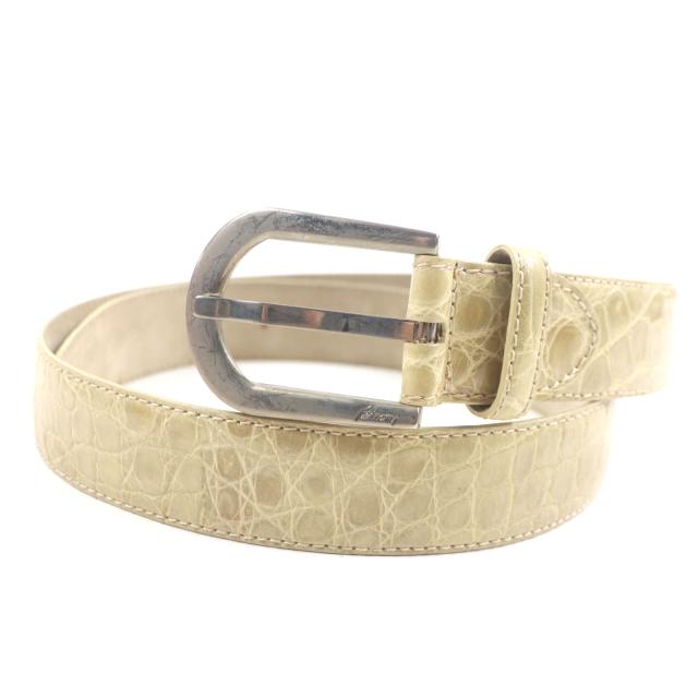 極美品▼Brioni ブリオーニ B2102/F1160 ロゴ刻印入りバックル クロコダイル レザーベルト ベージュ シルバー金具 95 イタリア製 メンズ