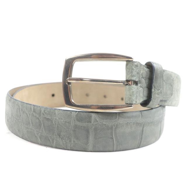 極美品▼Brioni ブリオーニ BH92T/F1093 ロゴ刻印入りバックル クロコダイル レザーベルト グレー シルバー金具 90 イタリア製 メンズ