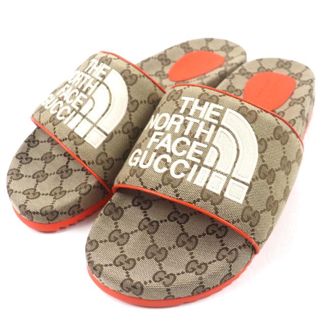 未使用品▼グッチ ザ・ノースフェイス 679904 GGキャンバス レザー使い スライドサンダル ブラウン オレンジ 10 箱・保存袋付き メンズ