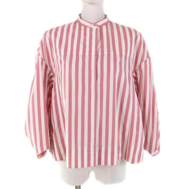 極美品★JIL SANDER ジルサンダー JSPU601201 コットン100％ バンドカラー  七分袖 ストライプシャツ ピンク ホワイト 34 正規品