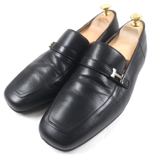 美品▼HERMES エルメス 2023年製 231992 レザー シルバー金具 Hロゴ スクエアトゥ 2WAY ローファー ブラック 43 イタリア製 メンズ