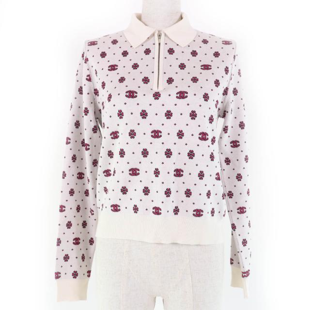 極美品☆CHANEL シャネル 23SS P74276K10699 シルク コットン ココマーク ハーフZIP ニット アイボリー ピンク 36 正規品 レディース