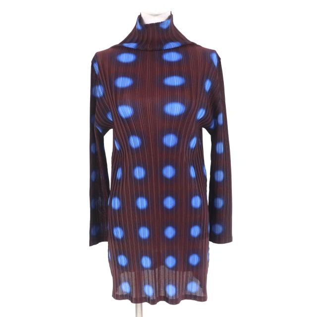 極美品★PLEATS PLEASE プリーツプリーズ イッセイミヤケ PP31-FT363 ドット柄 ハイネック 長袖 プリーツ カットソー ブラウン ブルー 3