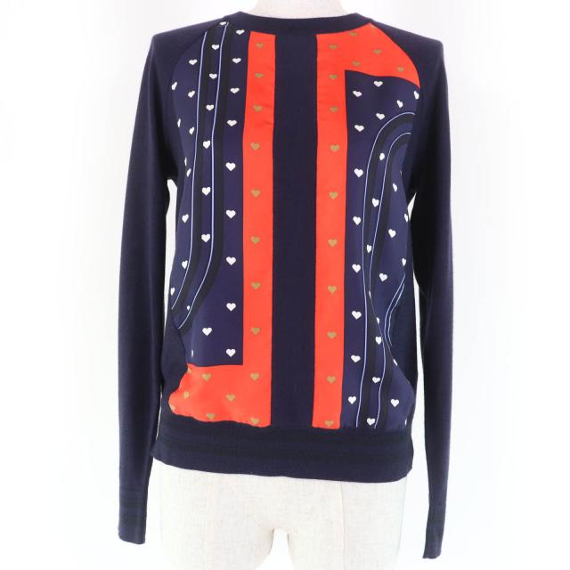 美品☆HERMES エルメス BRIDES de GALA ブリッド ドゥ ガラ 式典用馬勒 シルク カシミヤ ツイルレーヌ 長袖 ニット ネイビー 34 正規品