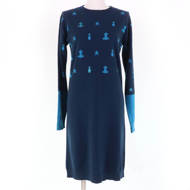 美品☆HERMES エルメス 2021年製 Poste et Cavalerie サーベル飾袋 カシミヤ100% 長袖 ニット ワンピース ネイビー 36 イタリア製 正規品