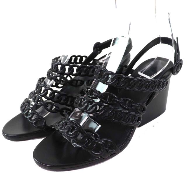 美品△HERMES エルメス 181096Z ロマンツォ シェーヌダンクル アンクルストラップ レザー サンダル ブラック 37 イタリア製 レディース