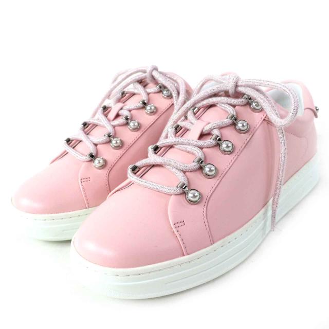 未使用品△JIMMY CHOO ジミーチュウ ANTIBES/F アンティーブ ロゴ パール レースアップ レザー ローカットスニーカー パウダーピンク 39