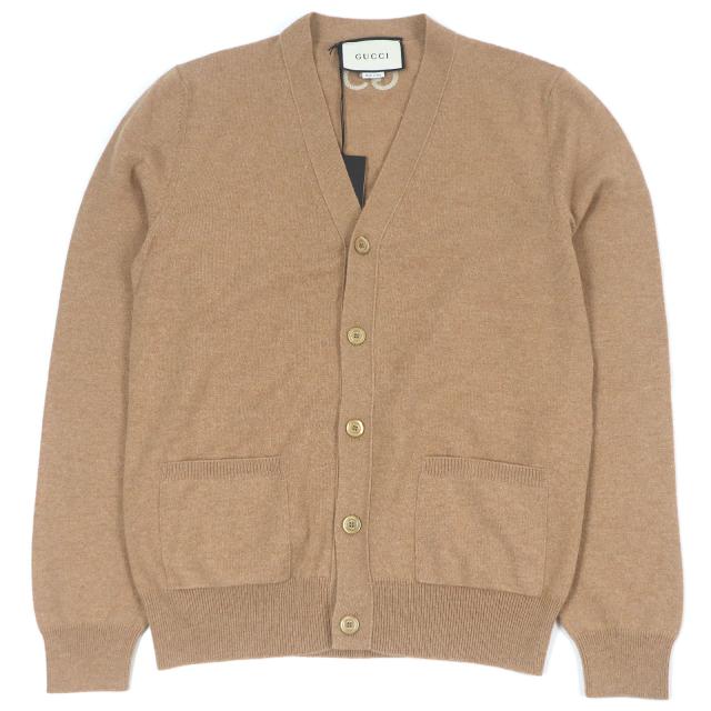 未使用品□GUCCI グッチ 20AW 599866 カシミヤ100％ GGロゴ刺繍 長袖 ニットカーディガン セーター ベージュ S イタリア製 正規品 メンズ