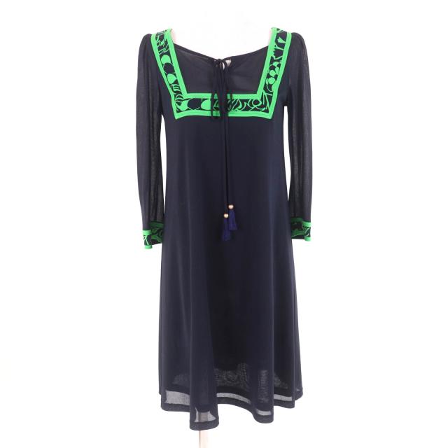 美品★LEONARD FASHION レオナール ファッション リボン タッセル付 スクエアネック 五分袖 ワンピース ネイビー グリーン 1 正規品