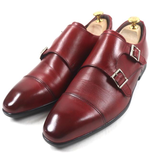 美品▼三陽山長 サンヨウヤマチョウ Q7404-082 ダブルモンクストラップ ストレートチップ レザーシューズ レッド シルバー金具 41 箱付き