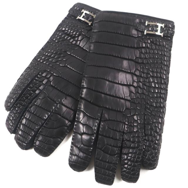 美品▼HERMES エルメス クロコダイル ラムレザー シルバー金具 Hロゴ 裏地カシミヤ100% グローブ 手袋 ダークブラウン 8.5 箱付き メンズ