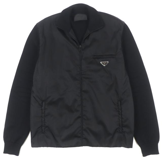 極美品▼PRADA プラダ UMC149 Re-Nylon トライアングルロゴ ニット切替 ジップアップ ジャケット ブラック52 イタリア製 正規品メンズ